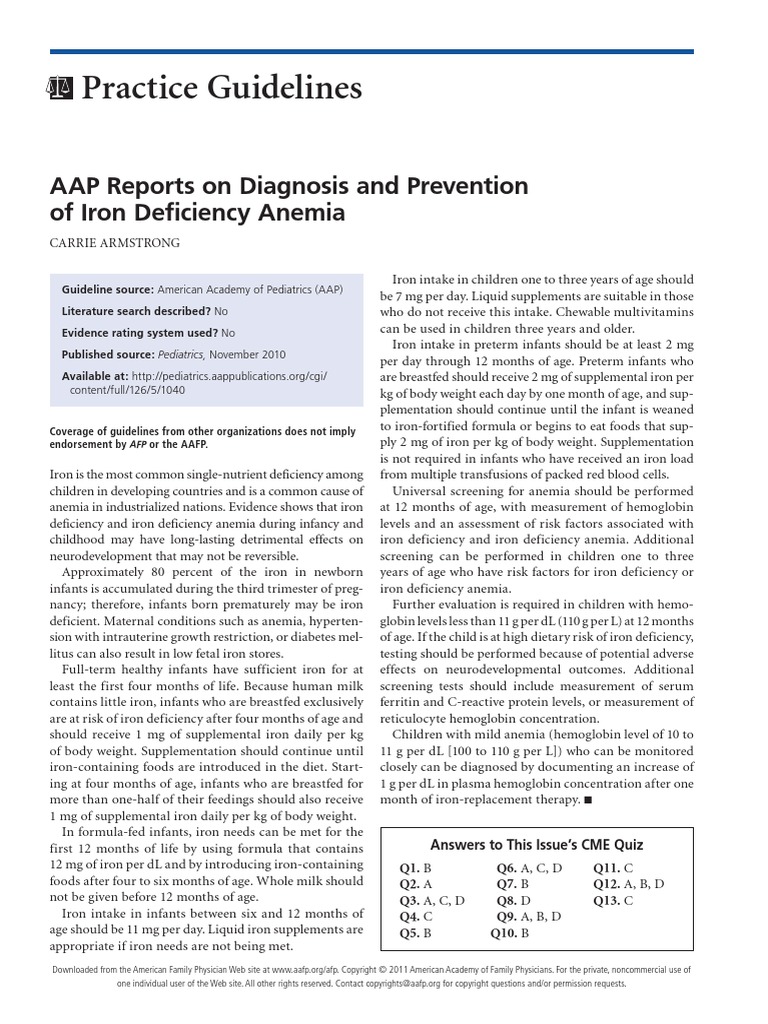 Practice Guidelines: AAP Reports On Diagnosis and Prevention of Iron ...