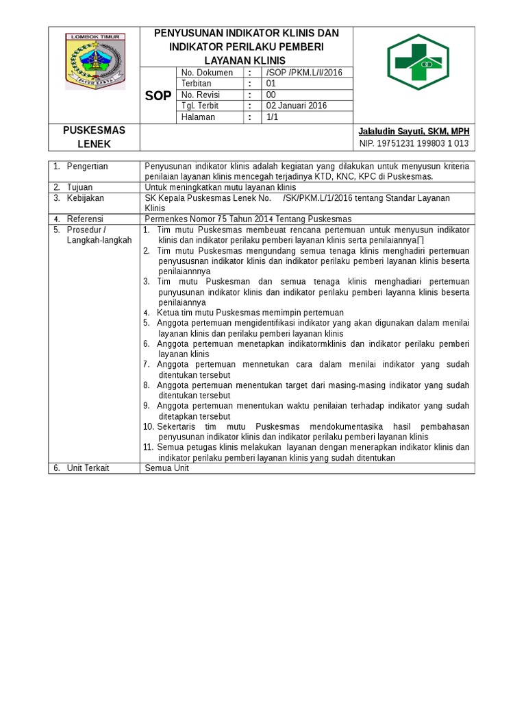 9.1.2.3 Sop Penyusunan Indikator Klinis & Indikator Perilaku Pemberi ...
