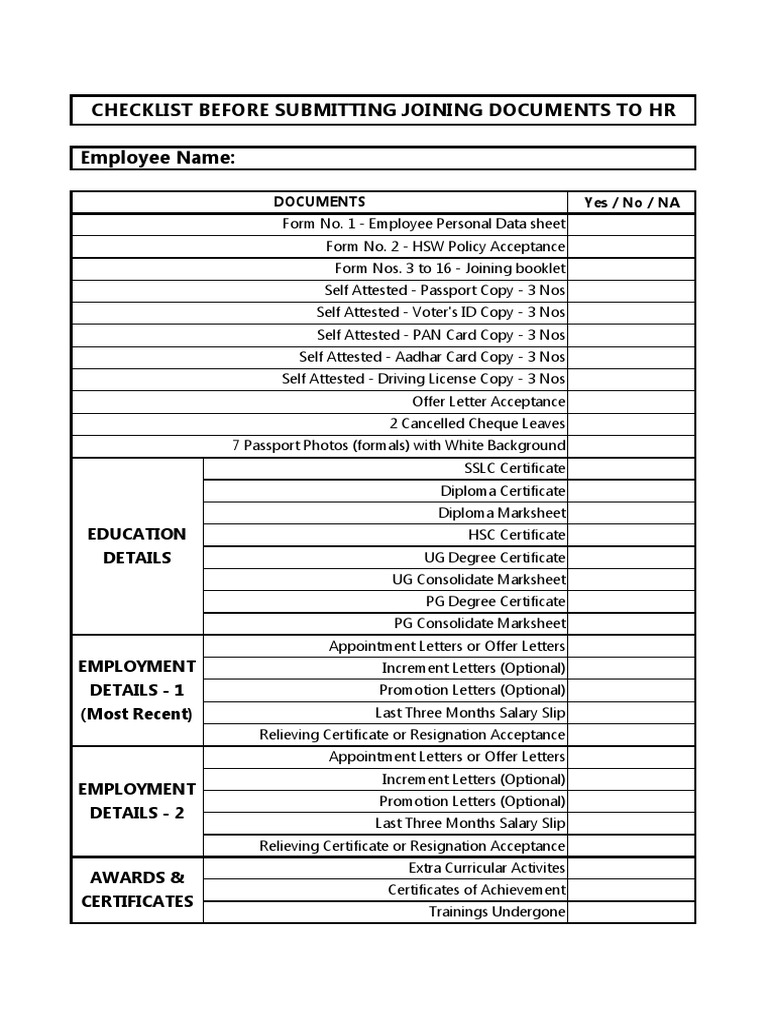 Checklist Before Submitting Joining Documents To HR Employee Name | PDF