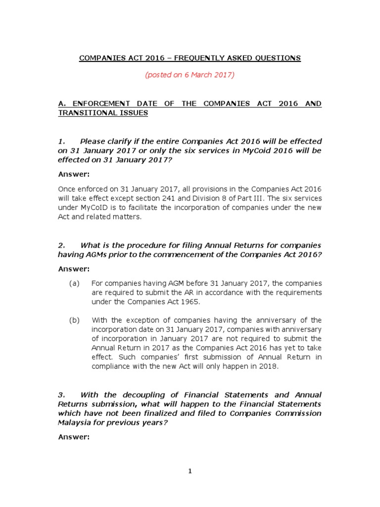 Faq Transitional Issues Companies Act 2016 - Technical Posted On 6 ...