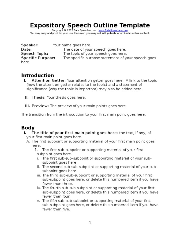 Expository Speech Outline Template Sub Sub Subpoint Level | PDF ...