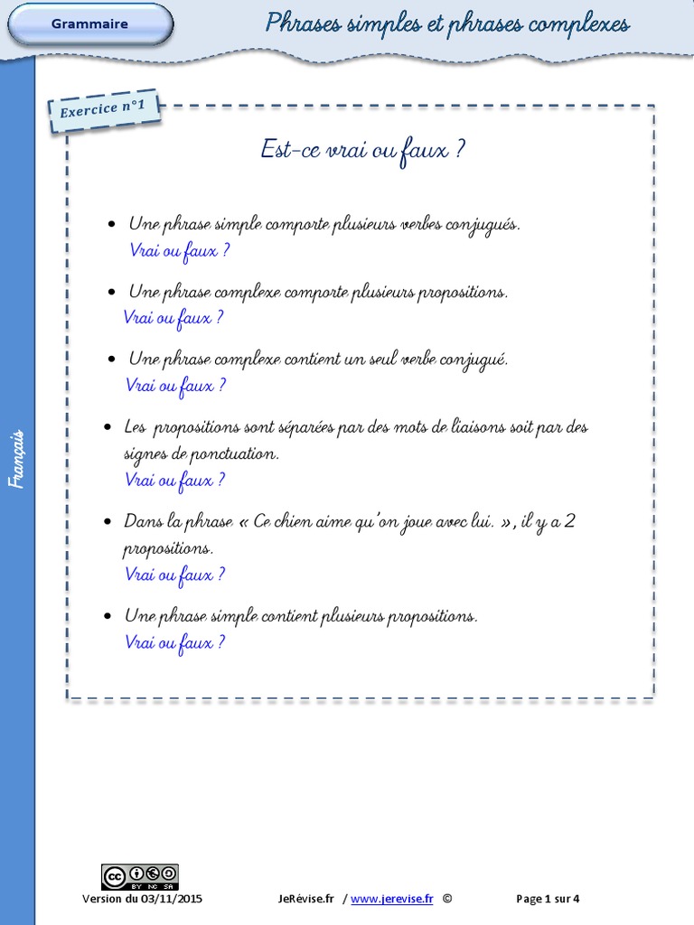 Exercices Phrase Simple Complexe | PDF | Langue française | Phrase