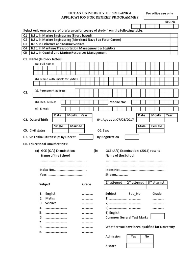 Ocean University of Sri Lanka Application - 2017 | PDF | Bachelor Of ...