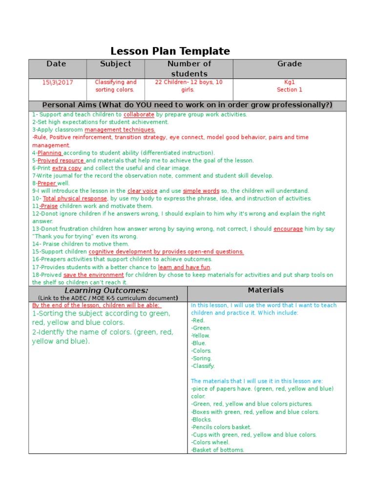 Lesson Plan Template: Date Subject Number of Students Grade | PDF ...