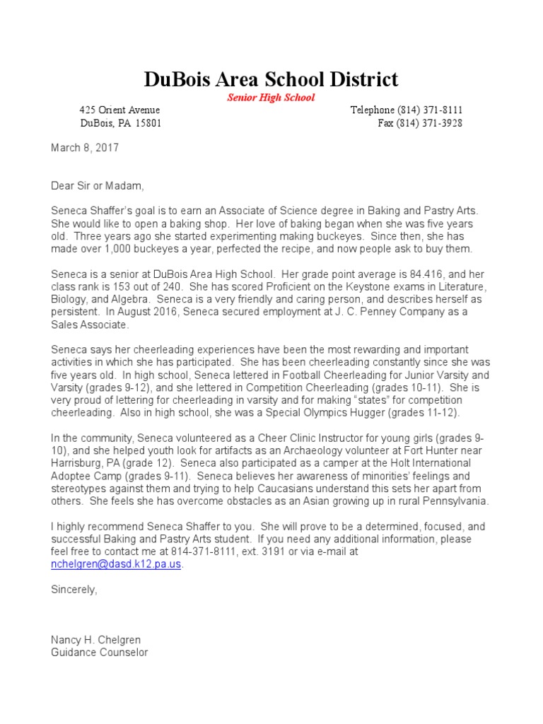 Seneca Shaffer Letter of Recommendation | PDF