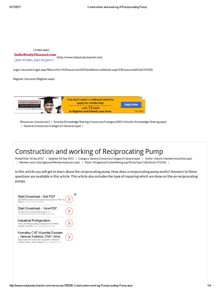 Reciprocating Pump: Construction & Operation | PDF | Pump | Piston