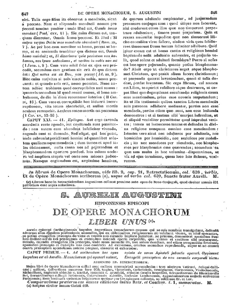 0354-0430, Augustinus, de Opere Monachorum, MLT | PDF