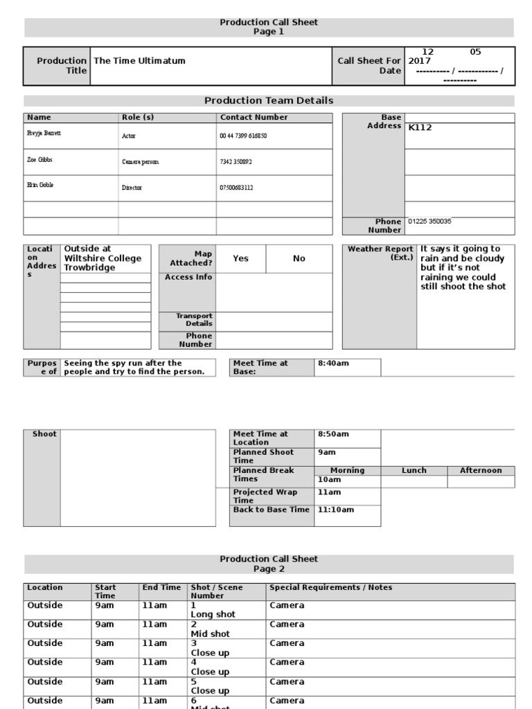 Production Call Sheet 2 | PDF