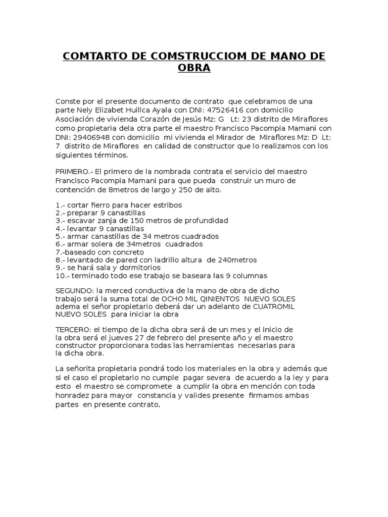 Contrato de Construcción de Mano de Obra | PDF