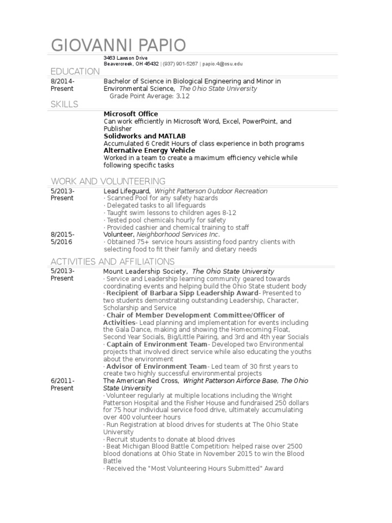 Gio Papio Resume With Skills | PDF | Ohio State University | Volunteering