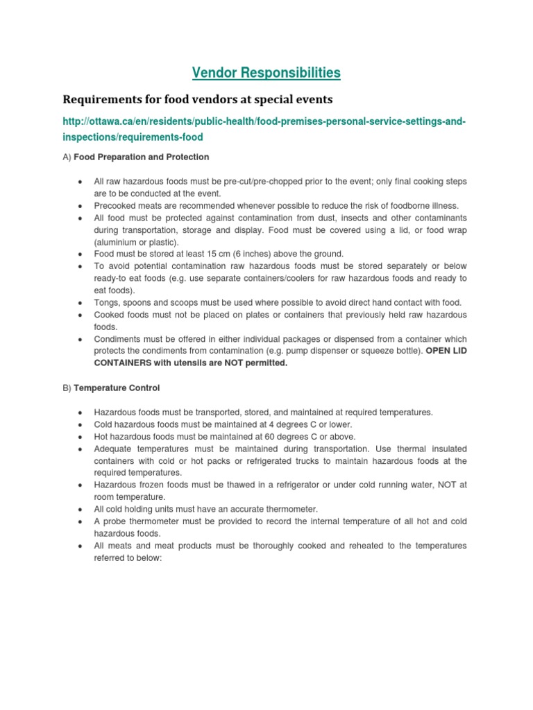 Vendor Food Safety Requirements | PDF | Foods | Water