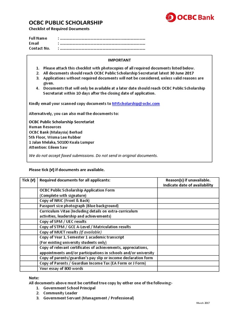 Ocbc Public Scholarship: Checklist of Required Documents | PDF | Career ...