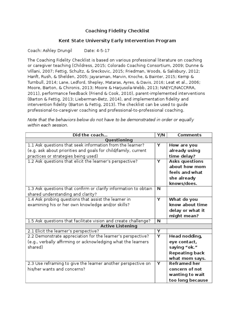Ashley Drungil - 4-5-17 - Intervention 2 Coaching Fidelity Checklist ...