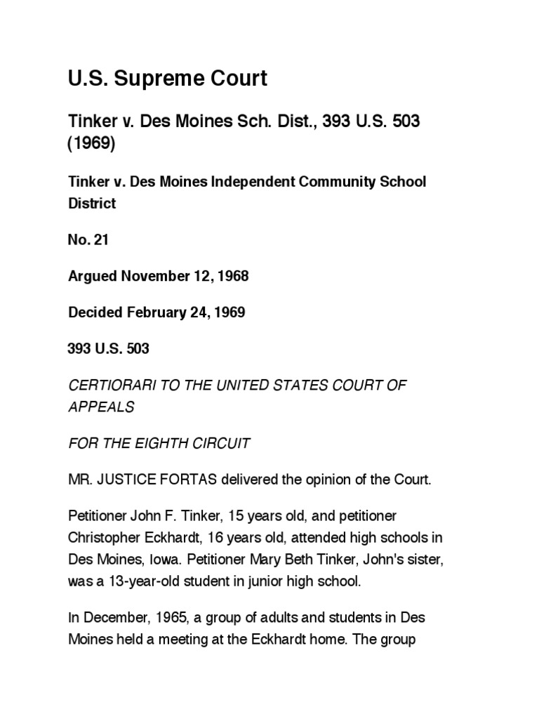 Tinker v. Des Moines: Student Free Speech | PDF | First Amendment To ...