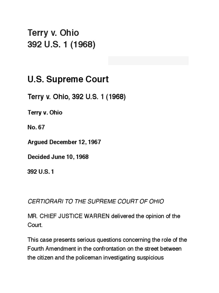 Terry v. Ohio, 392 U.S. 1 (1968) | PDF | Terry V. Ohio | Search And Seizure