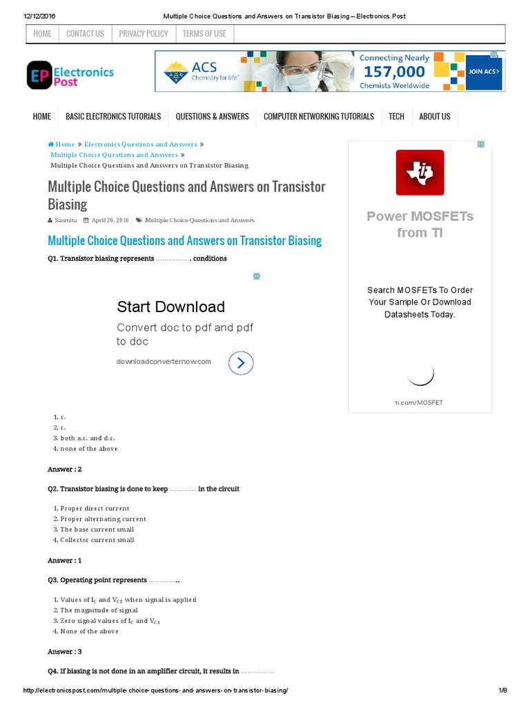 Multiple Choice Questions and Answers On Transistor Biasing ...