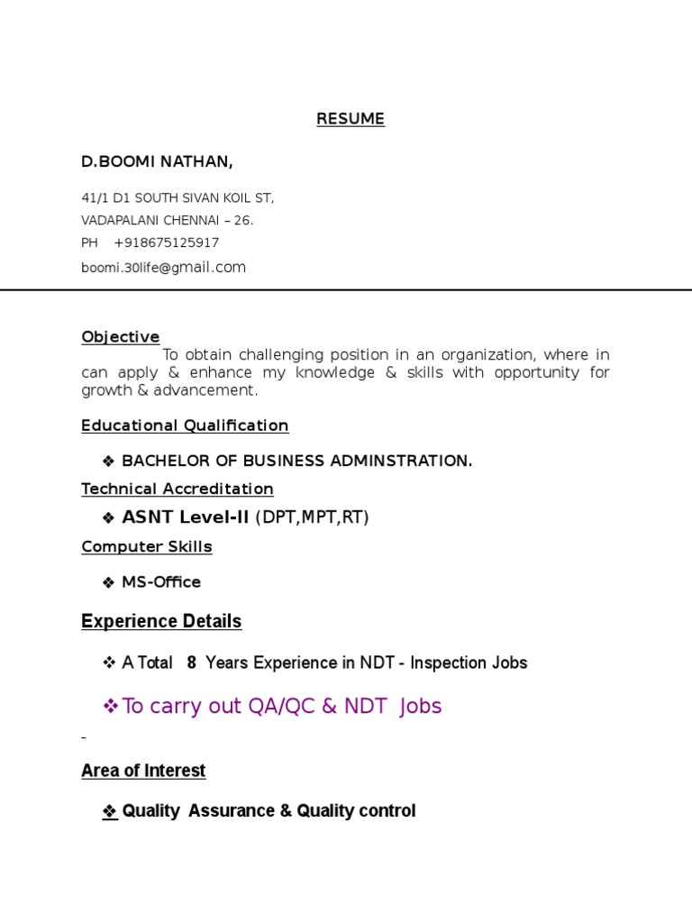 To Carry Out QA/QC & NDT Jobs: Resume D.Boomi Nathan | PDF ...