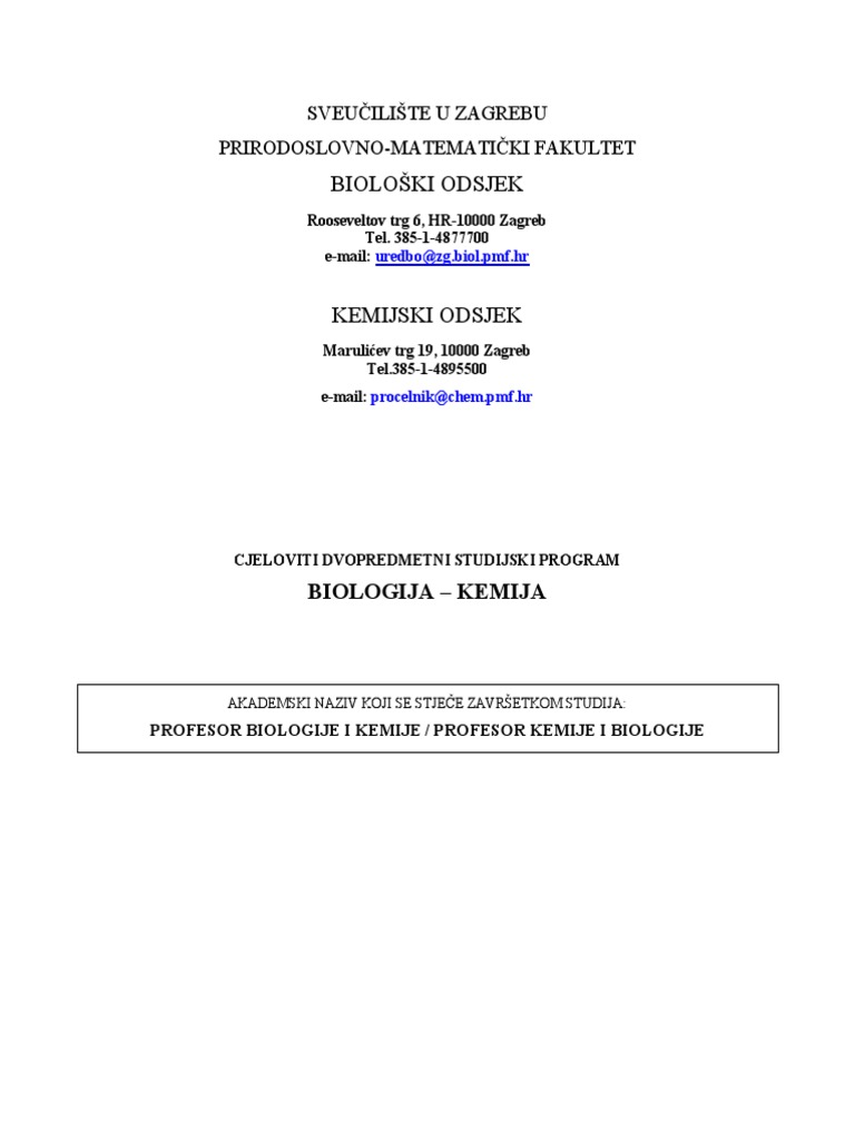 Cjelovit Studijski Program Biologija-Kemija | PDF