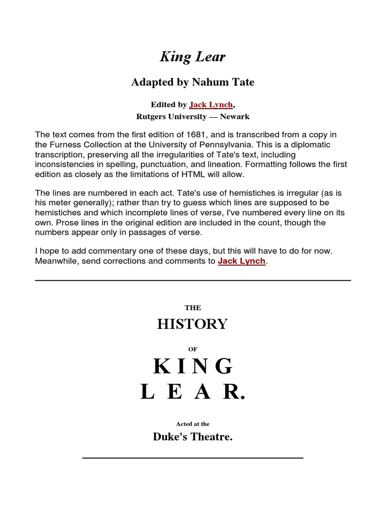 The History of King Lear: Adapted by Nahum Tate and Edited by Jack ...