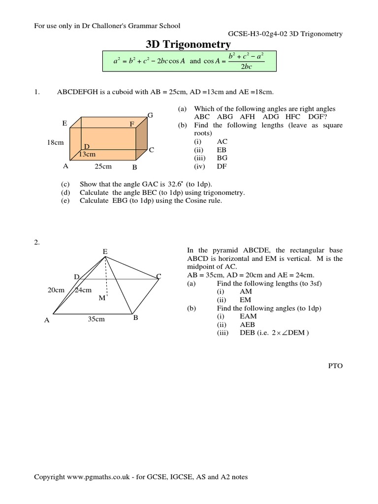 GCSE H3 02g4 02 3D Trigonometry | Trigonometry | Combinatorics