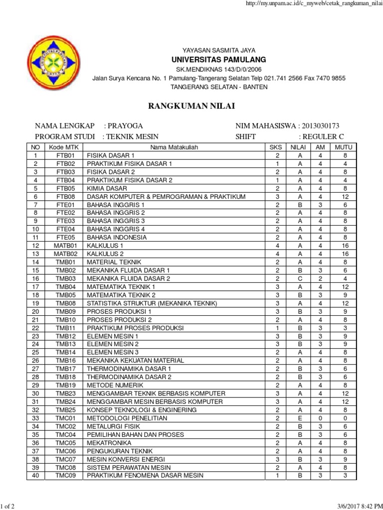 My - Unpam.ac - Id C Myweb Cetak Rangkuman Nilai | PDF