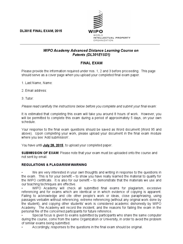 DL301E15S1 FinalExam StudentVersion | PDF | Patent Application | Patent
