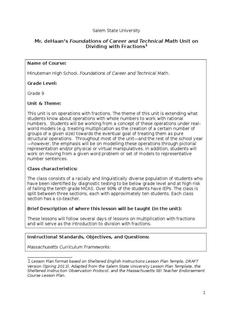 Unit Plan | PDF | Fraction (Mathematics) | Curriculum