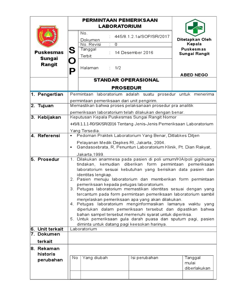 8.1.1.1 Sop Permintaan Pemeriksaan Laboratorium | PDF
