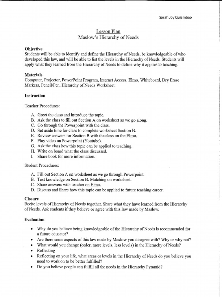 Maslow Lesson Plan | PDF