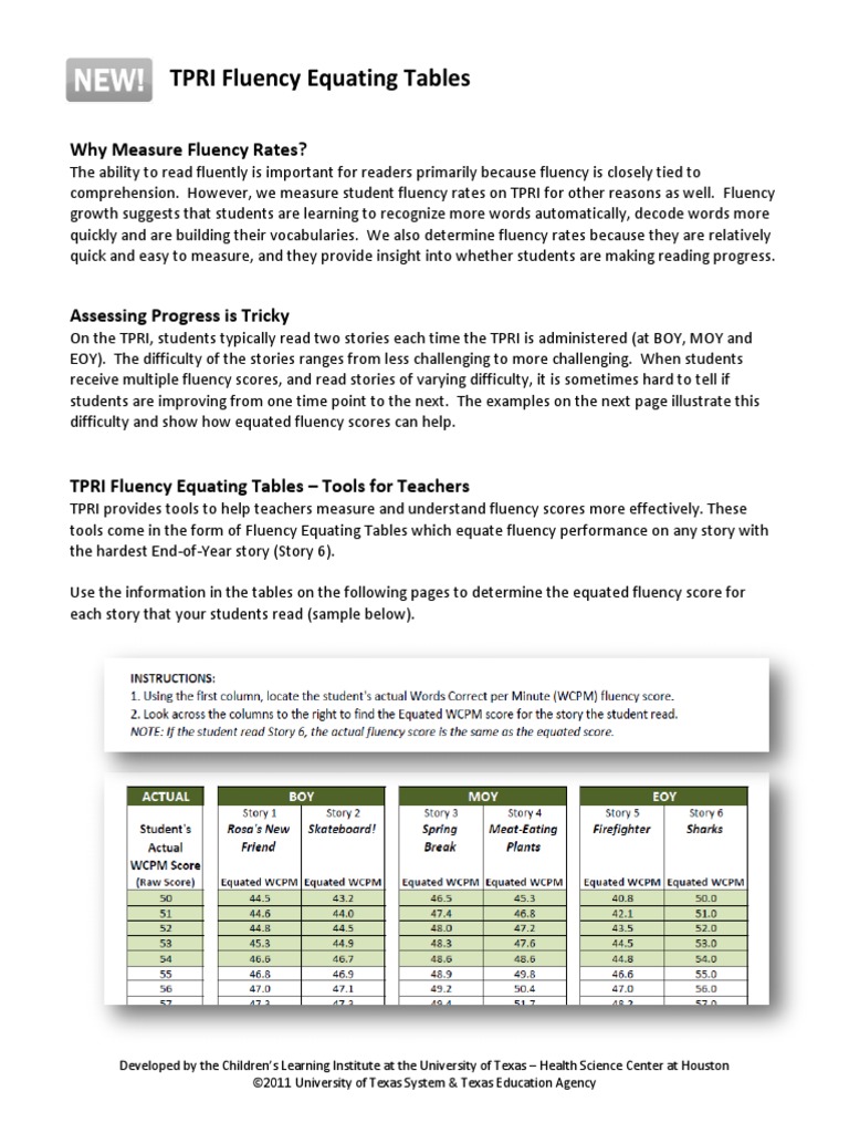 Tpri Grade 1 Fluency Equating Tables | PDF | Teaching | Quality Of Life