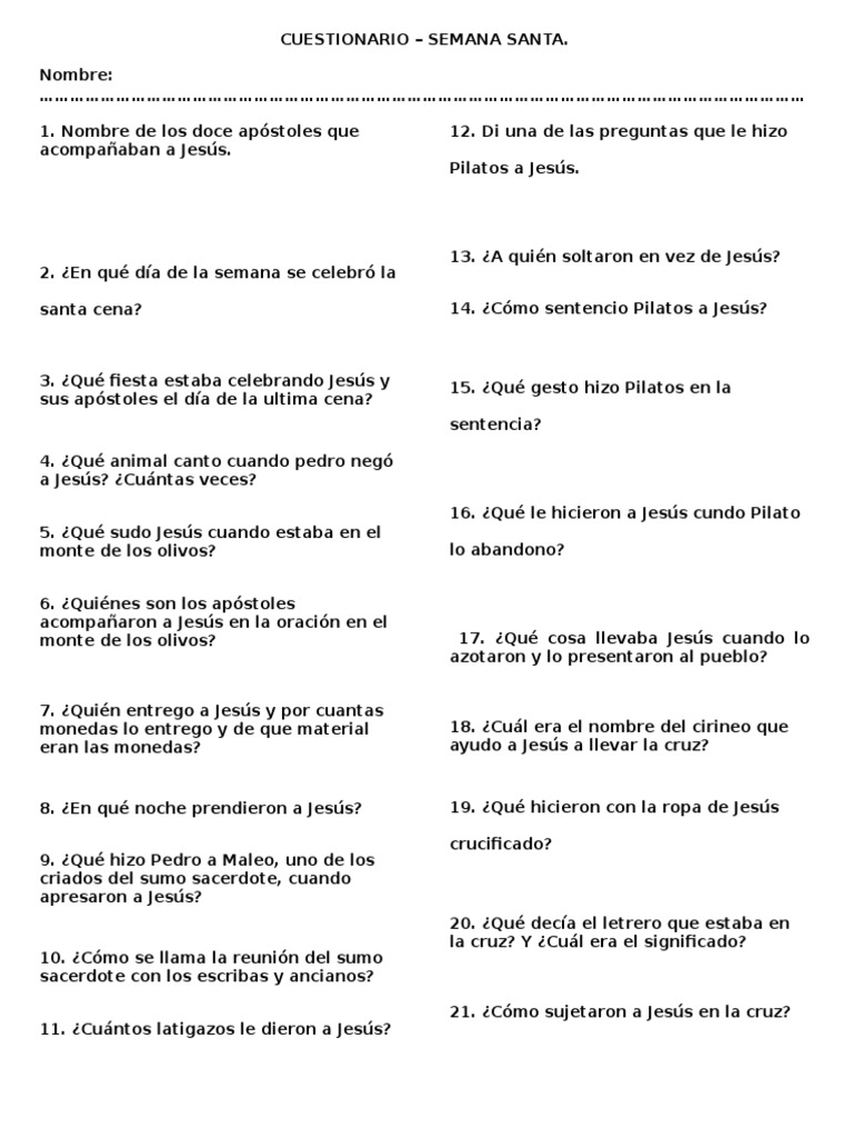 Cuestionario de Semana Santa para Niños | PDF | Última cena | Poncio Pilato
