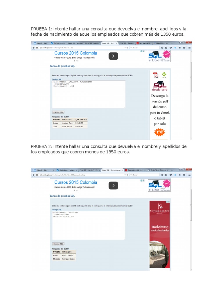 Pruebas de SQL | PDF | SQL | Tabla (base de datos)