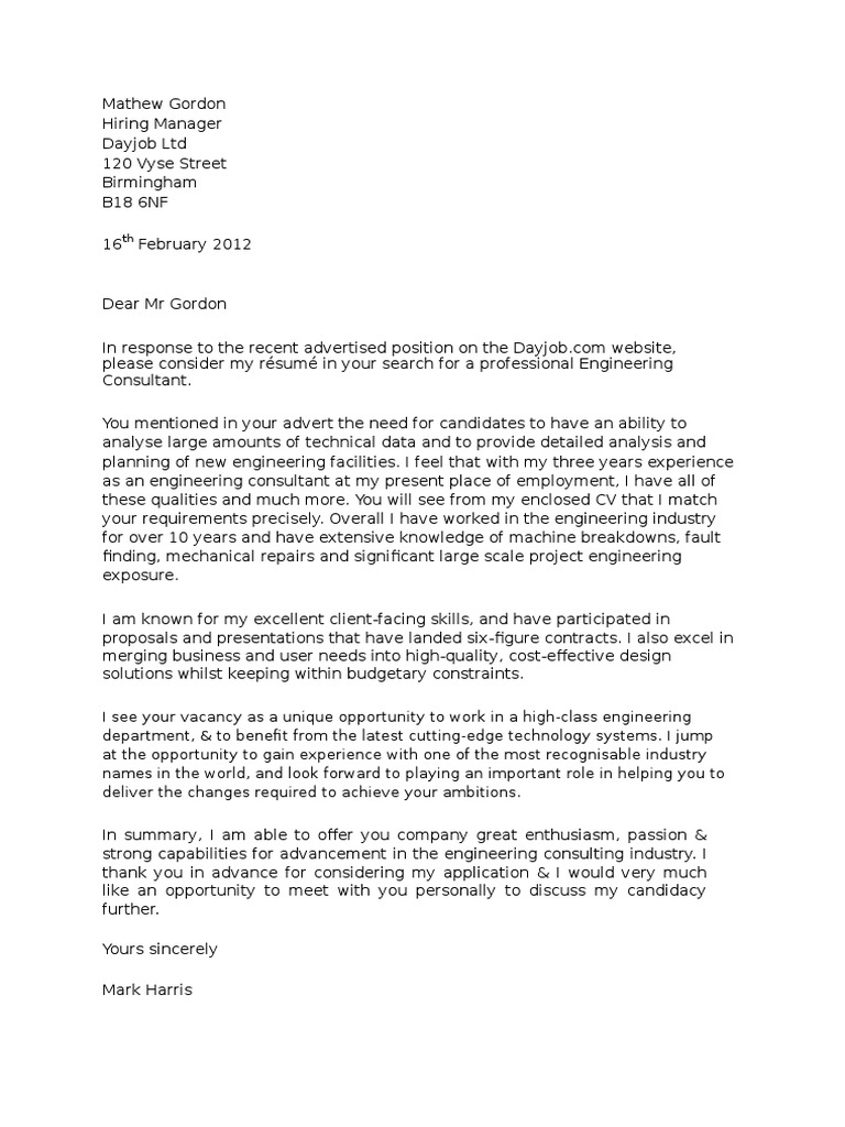 Engineering Cover Letter Example | Résumé | Engineering