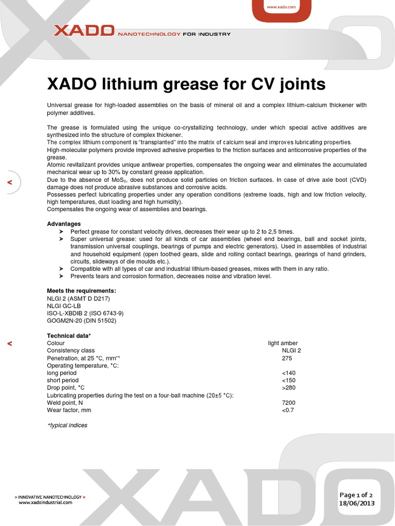 XADO Grease For CV Joints en | PDF | Wear | Bearing (Mechanical)