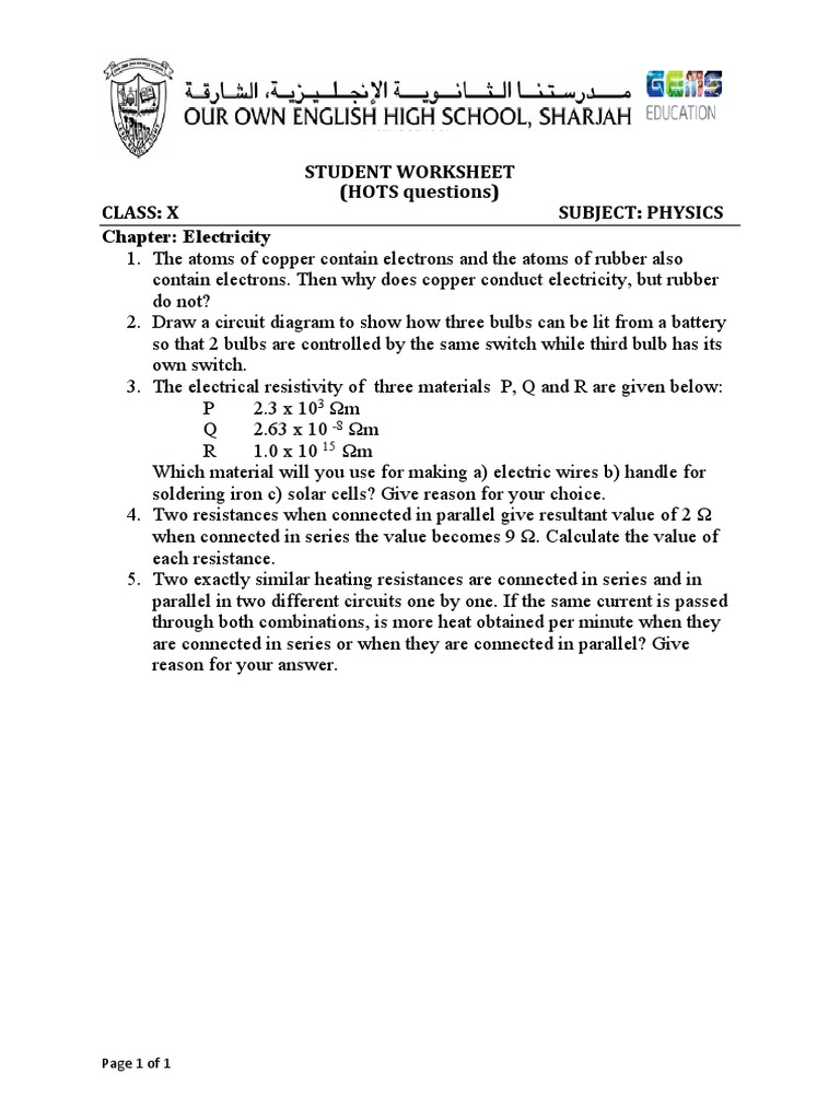 Student Worksheet (HOTS Questions) Class: X Subject: Physics Chapter ...