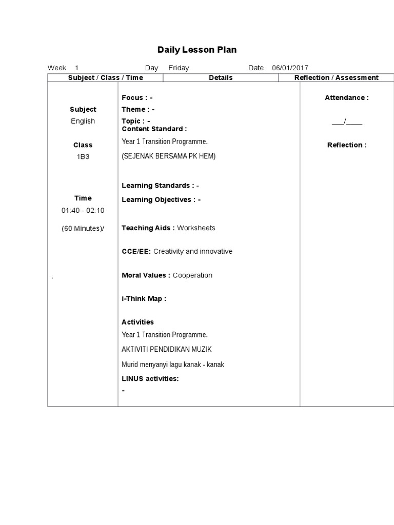 Daily Lesson Plan for Year 1 Transition Programme | PDF