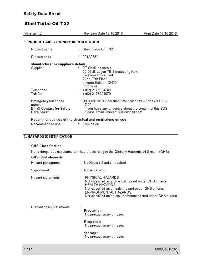 Safety Data Sheet for Shell Turbo Oil T 32 | PDF | Personal Protective ...