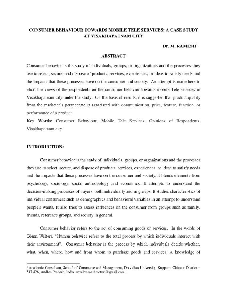 Consumer Behaviour Towards Mobile Tele Services: A Case Study at Visakhapatnam City Dr. M ...
