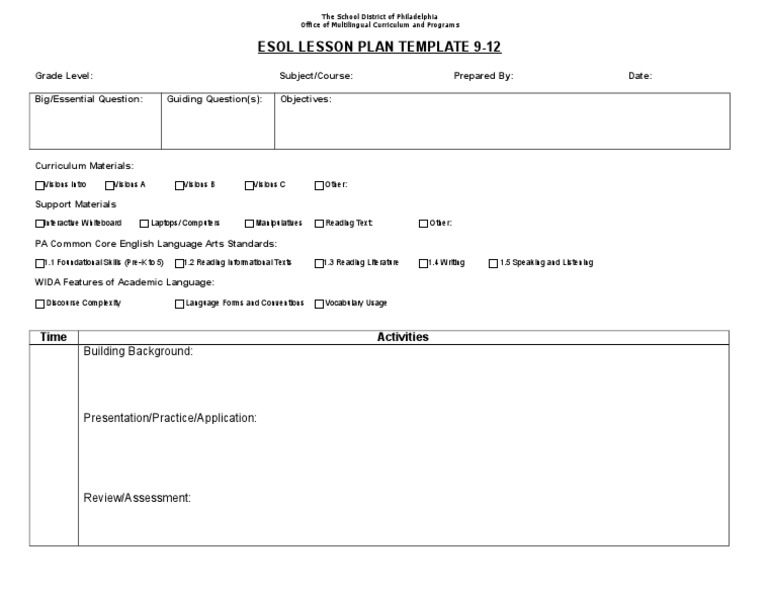 Esol Lesson Plan Template 9 12 | PDF