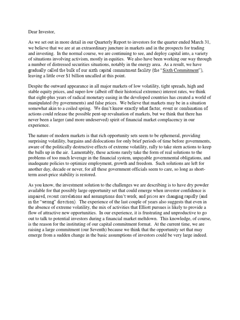 Elliot Investor Letter | Investor | Financial Markets