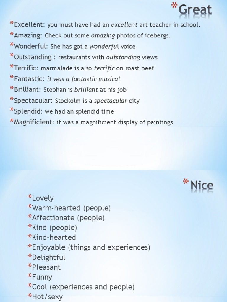 Excellent: Amazing: Wonderful: Outstanding: Terrific: Fantastic ...