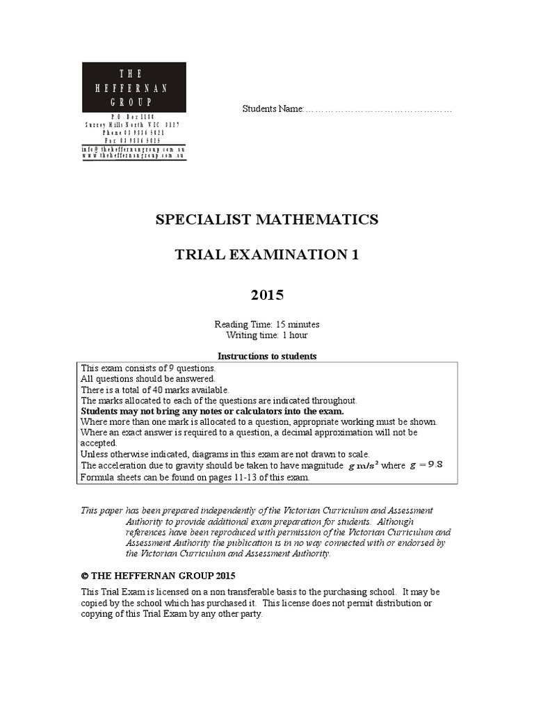 2015 Specialist Maths Exam 1 | PDF | Trigonometric Functions | Sine