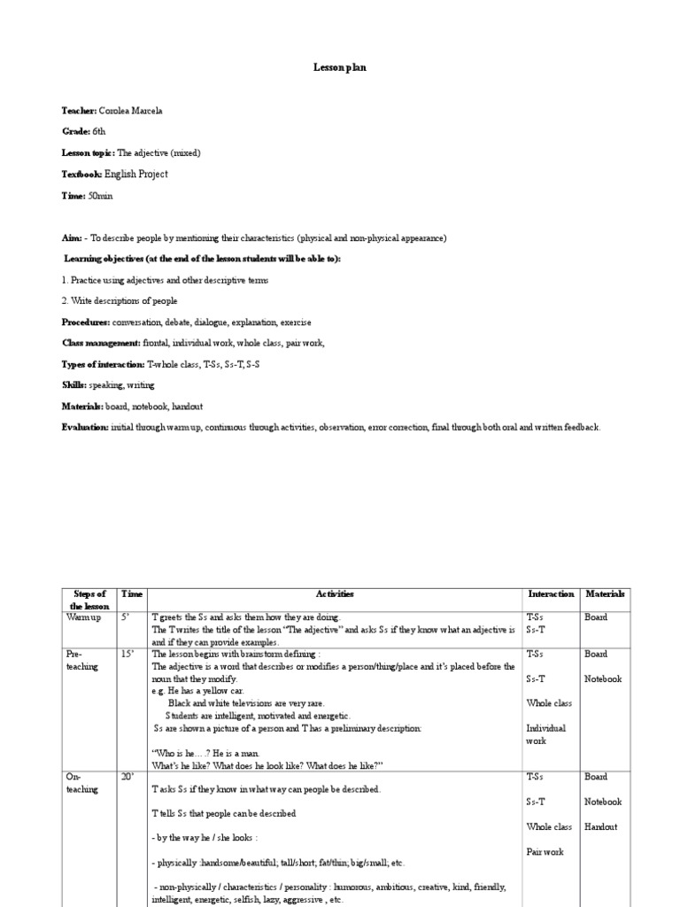 Lesson Plan-The Adjective | PDF | Lesson Plan | Communication