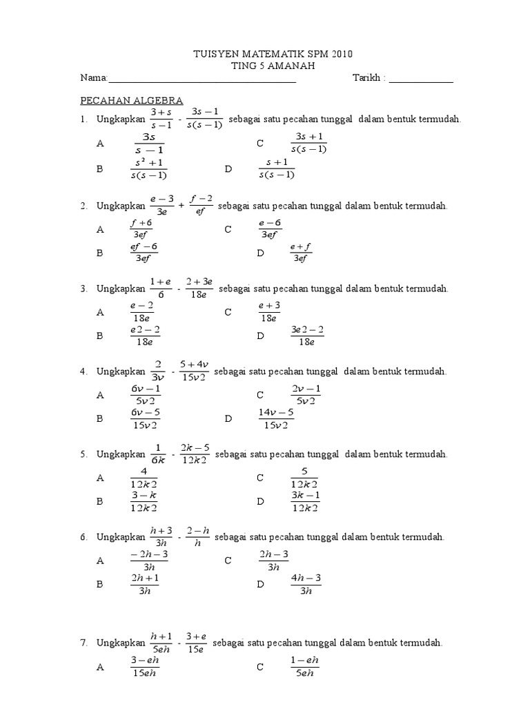 Soalan Ungkapan Algebra | PDF