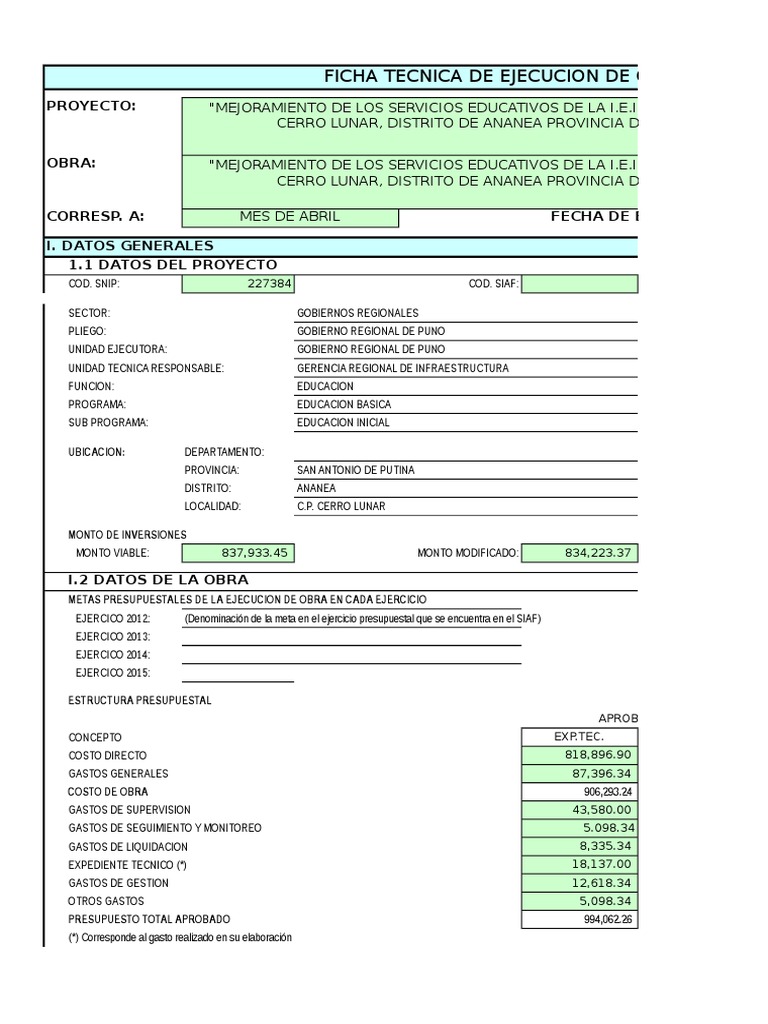 Ficha Tecnica Obras.2015 Alquicho | PDF | Presupuesto | Gobierno