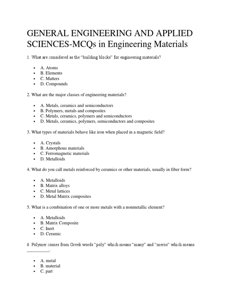 Engineering Materials MCQs | PDF | Cast Iron | Steel