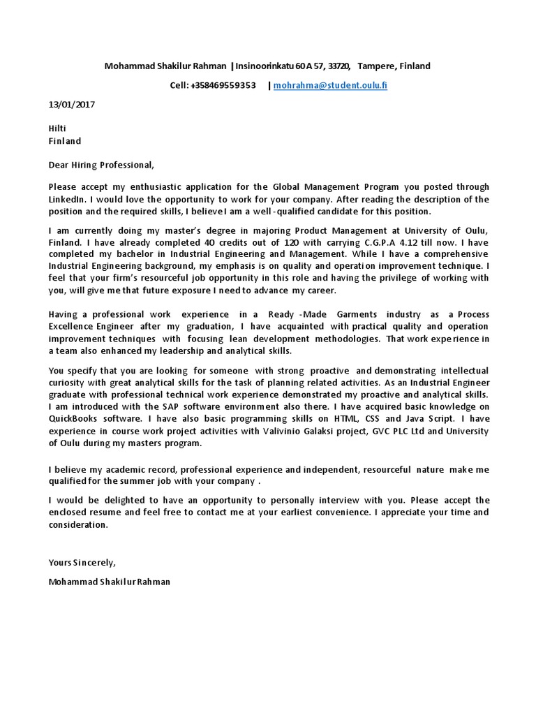 Motivation Letter for Global Management Program