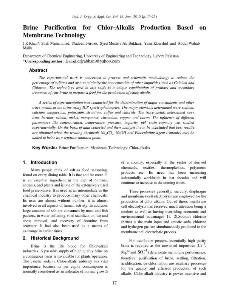 Brine Purification For Chlor-Alkalis Production Based On Membrane ...