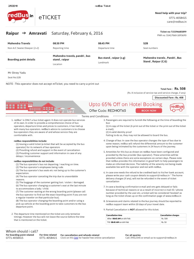 RedBus Ticket PDF | PDF | Ticket (Admission) | Transport