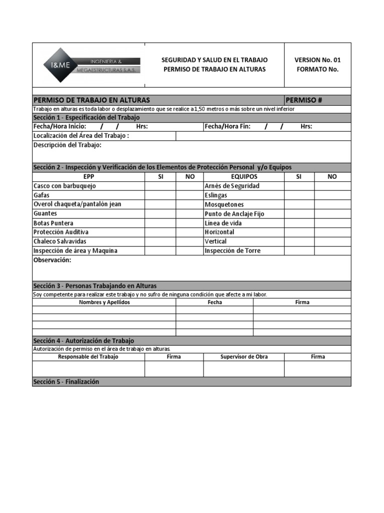 Modelo Formato de Permiso de Trabajo en Alturas | PDF